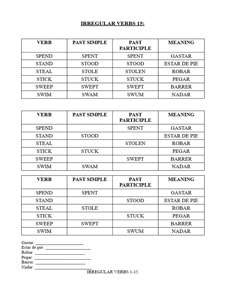 TEST Irregulares - SPEND - SWIM | PDF | Linguistics | Semantic Units