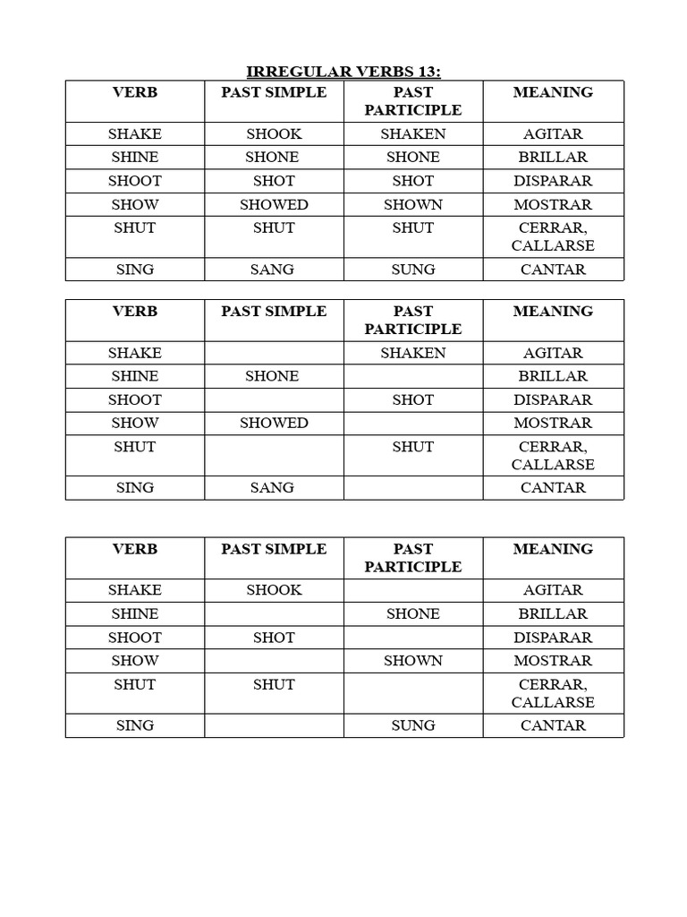 Irregular Verbs: Shake and Sing | PDF | Language Families | English Grammar