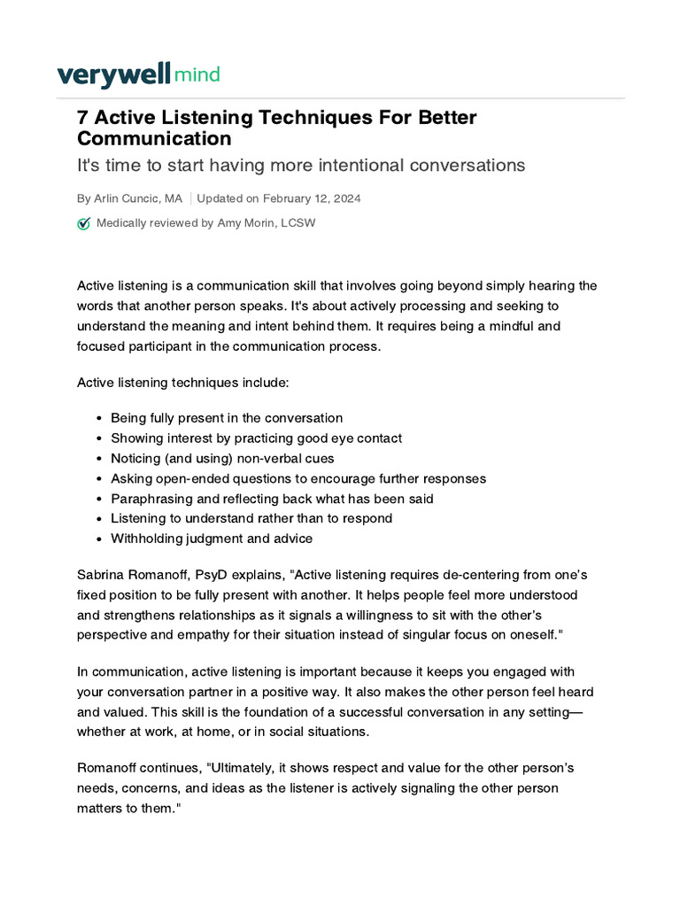 7 Techniques for Active Listening Skills | PDF | Nonverbal ...