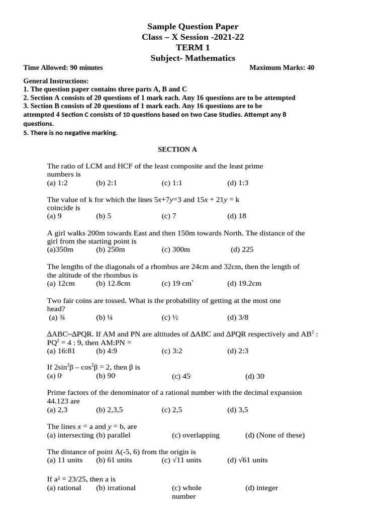 CBSE Class 10 Maths Standard Sample Paper Term 1 2021 22 | PDF | Circle | Rational Number