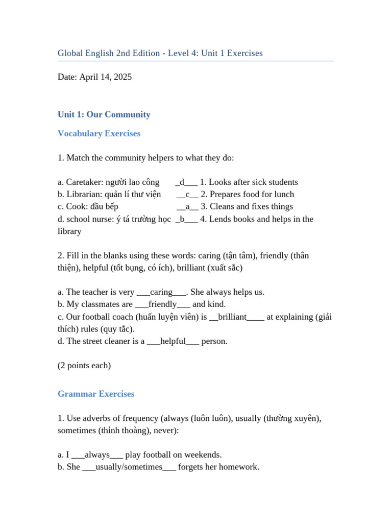 Unit 1 Our Community Exercises | PDF