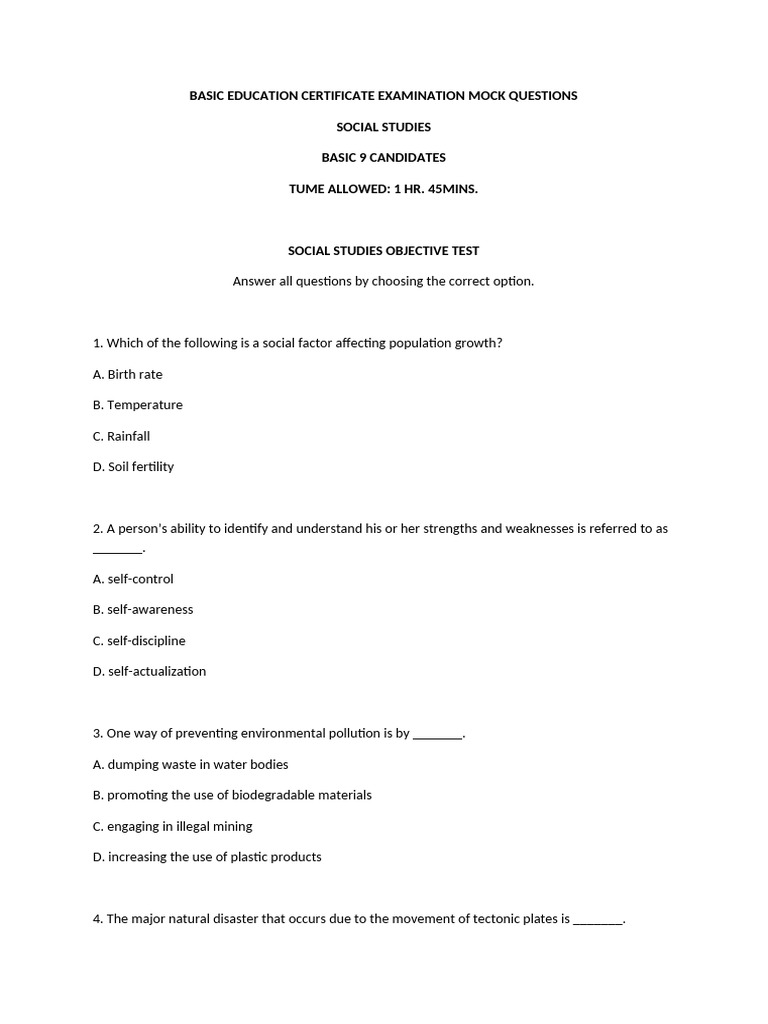 Basic Education Certificate Mock Exam | PDF | Agriculture | Climate Change