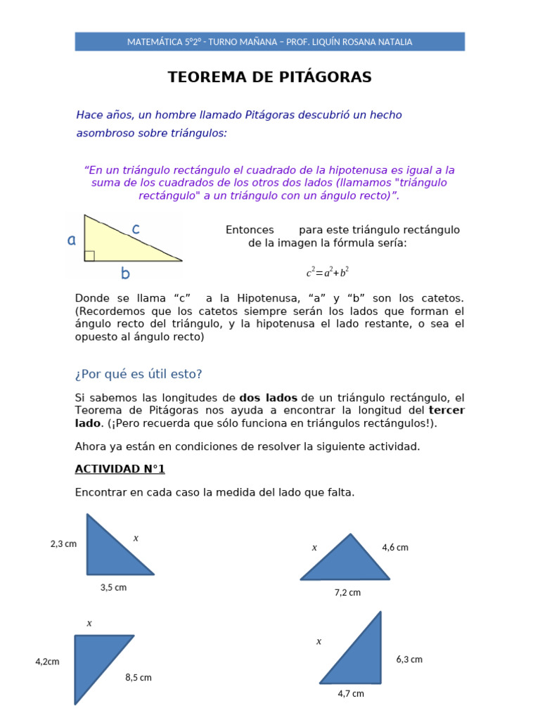 Teorema de Pitágoras y Ejercicios | PDF | Triángulo | Rectángulo