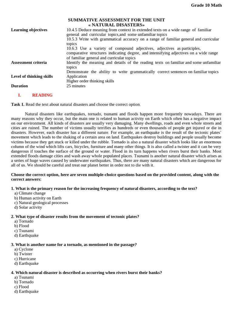 SA 2 Grade 10 NATURAL DISASTERS | PDF | Natural Disasters | Earthquakes