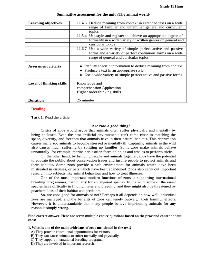 Summative Assessment For The Unit The Animal World | PDF | Zoo ...