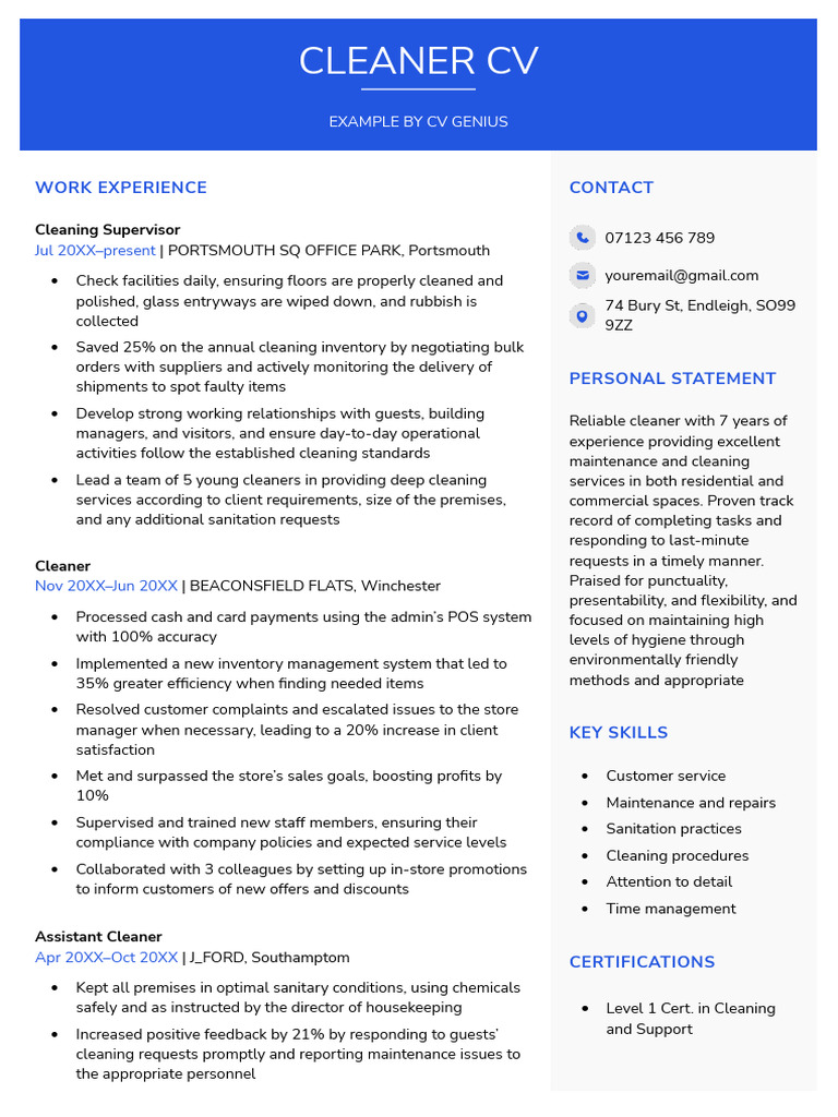 Professional Cleaner CV Example | PDF | Housekeeping