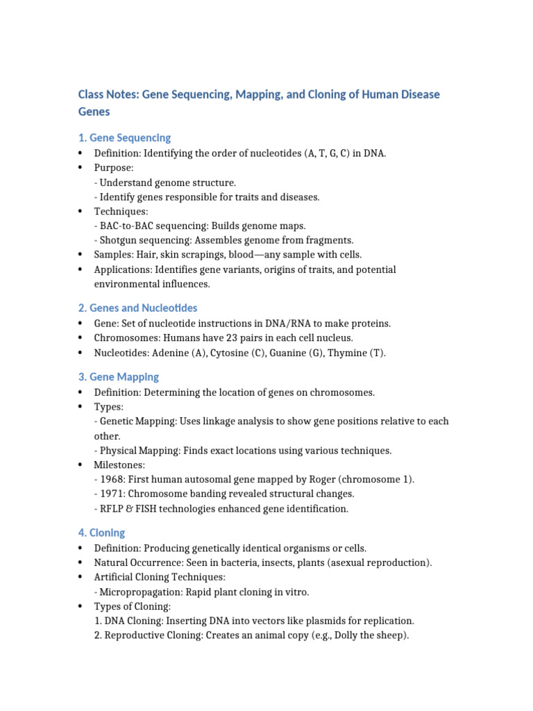 Class Notes Gene Sequencing Mapping Cloning | PDF | Gene | Cloning