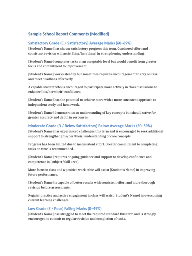 Modified School Report Comments | PDF | Teachers | Social Psychology