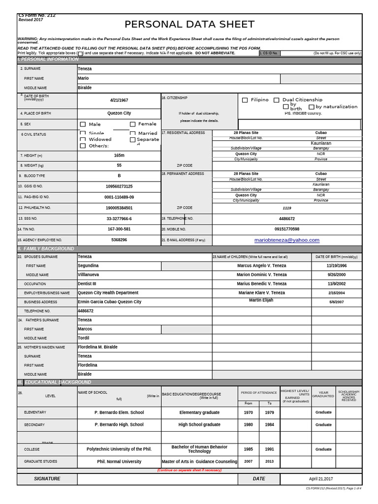 CS Form No 212 Revised Personal Data Sheet Sample Form | PDF | Government