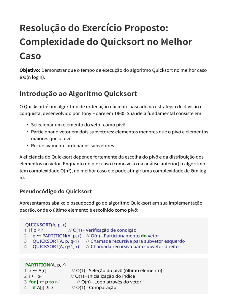 Análise do Quicksort: Melhor Caso | PDF | Matemática aplicada | Ciência ...