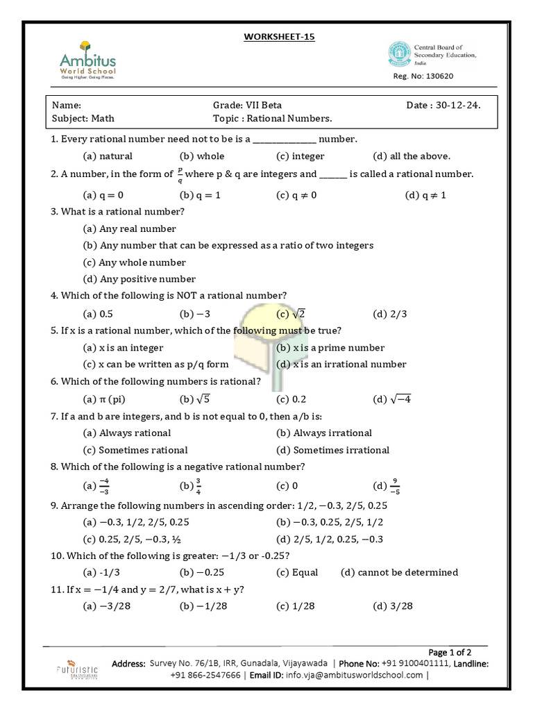 Lokshana 7th Class Maths Work Sheet 15 | PDF | Numbers | Rational Number