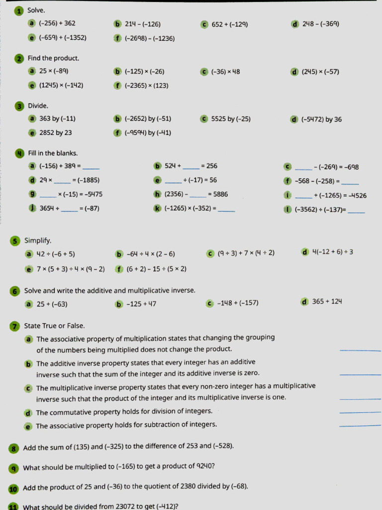 Class 7 Chapter 1 Worksheet Integers | PDF