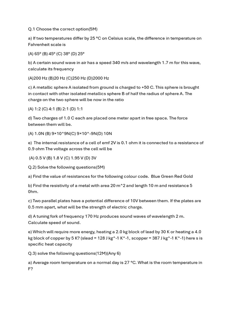 11th Physics Numericals Class Test | PDF | Electrical Resistivity And ...