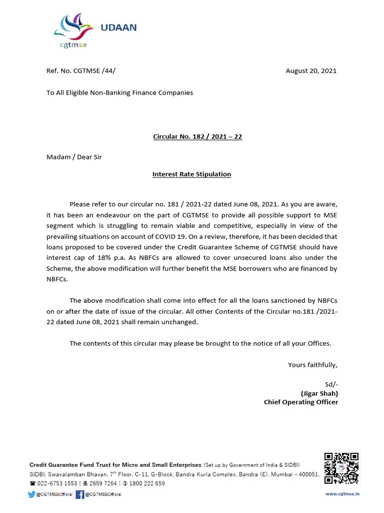 CGTMSE Interest Rate Update Circular | PDF