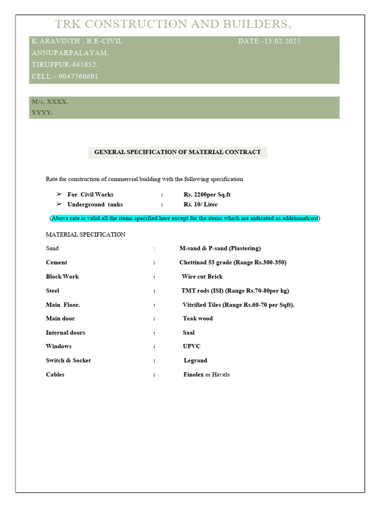 General Specification of Material Contract Quotation | PDF | Building Materials | Building ...