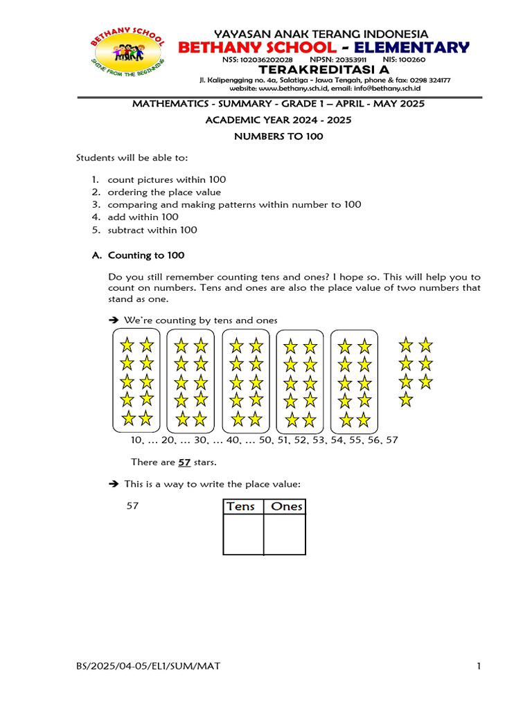 Grade 1 Math Summary: Numbers to 100 | PDF | Mathematics | Arithmetic