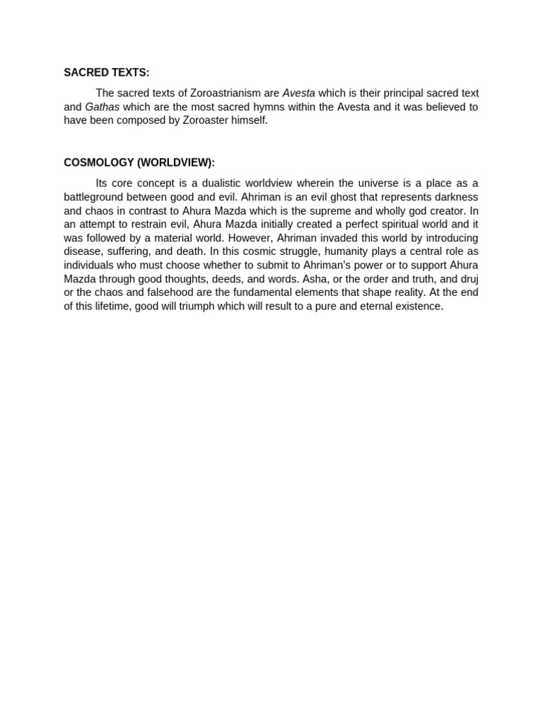 Zoroastrianism: Sacred Texts and Cosmology | PDF