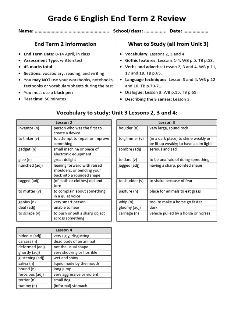 Grade 6 English Term 2 Review Guide | PDF | Monsters | Gothic Fiction