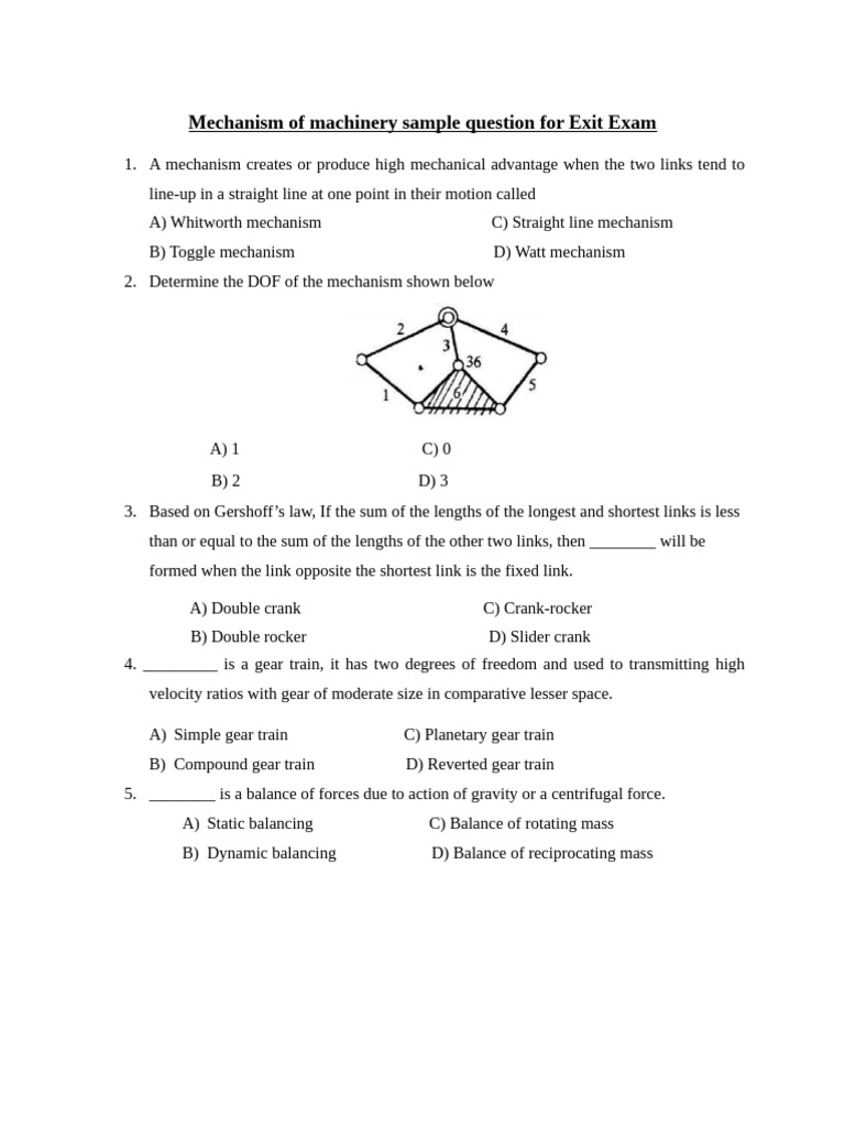 Mechanism Exam Sample Questions | PDF