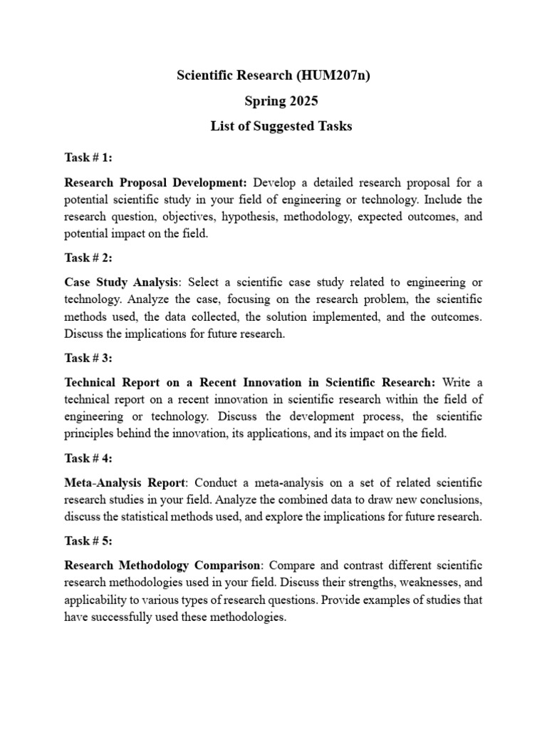 List of Suggested Tasks - Spring 2025 | PDF