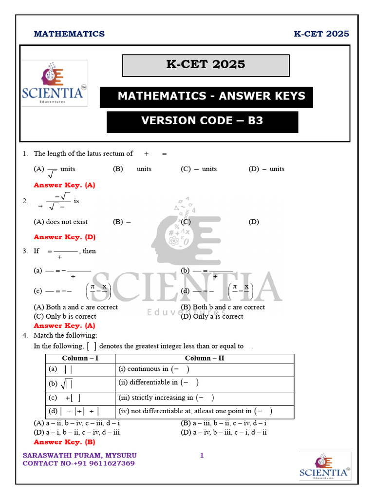 Kcet 2025 Mathematics Keys | PDF | Matrix (Mathematics) | Mathematical ...