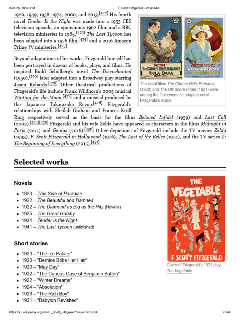 Fitzgerald's Works and Adaptations | PDF | F. Scott Fitzgerald | Novels