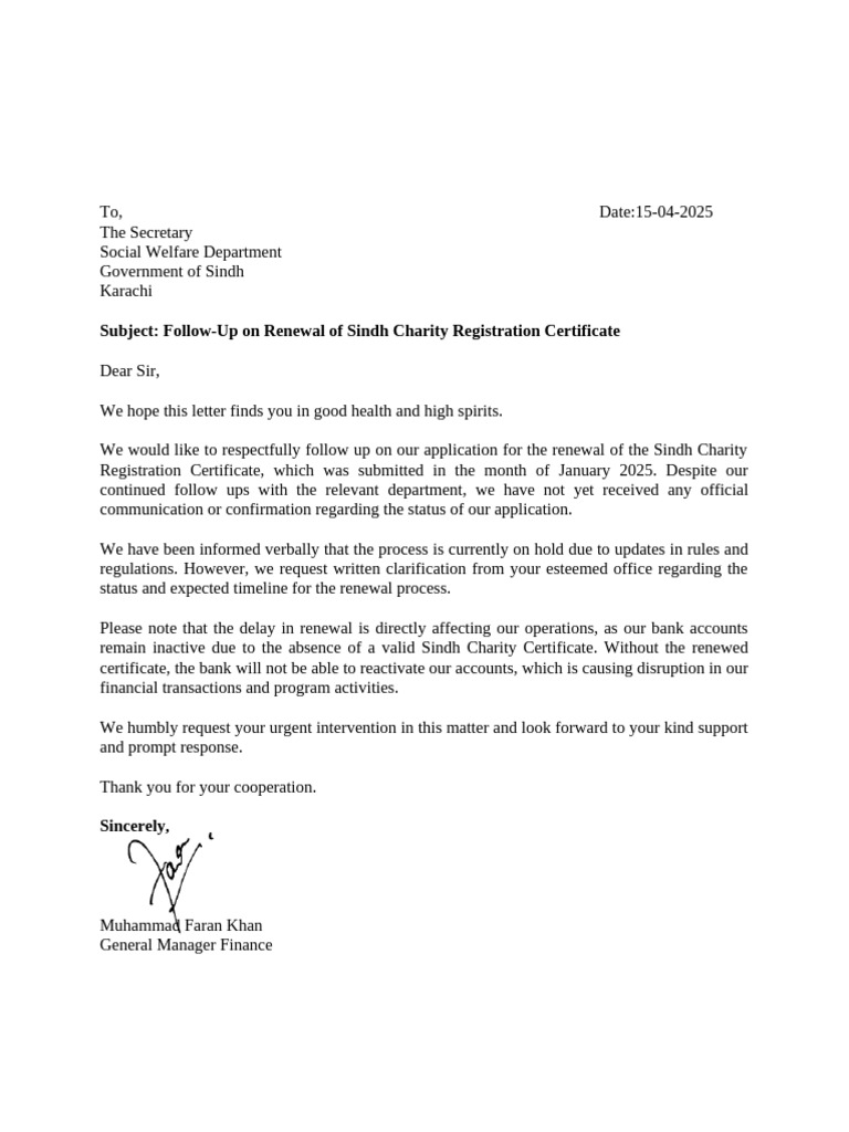 Secretary DEPD Sindh Charity Certificate | PDF