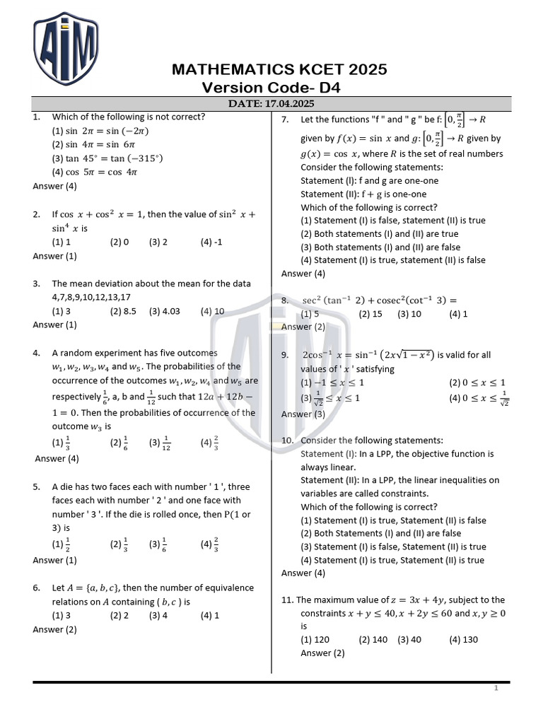 Mathematics KCET 2025 | PDF | Applied Mathematics | Mathematics