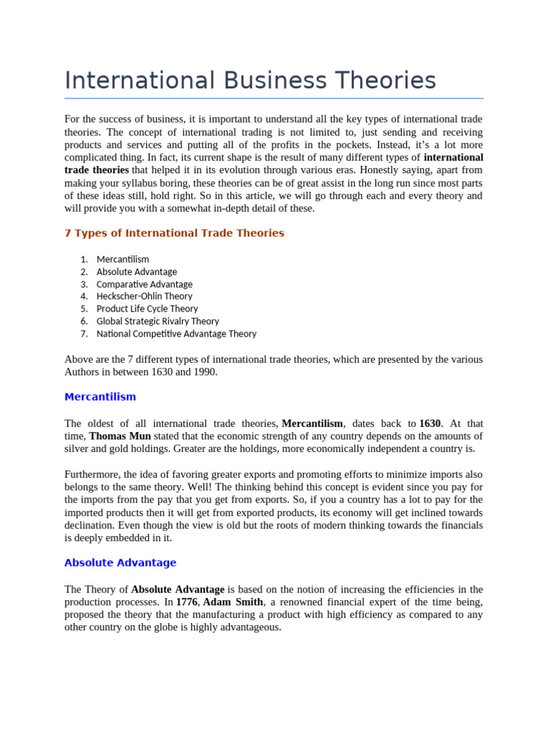 Key International Business Theories | PDF | Mercantilism | Economies
