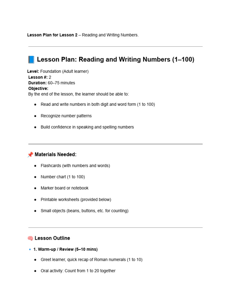 Lesson Plan for Lesson 2 – Reading and Writing Numbers | PDF