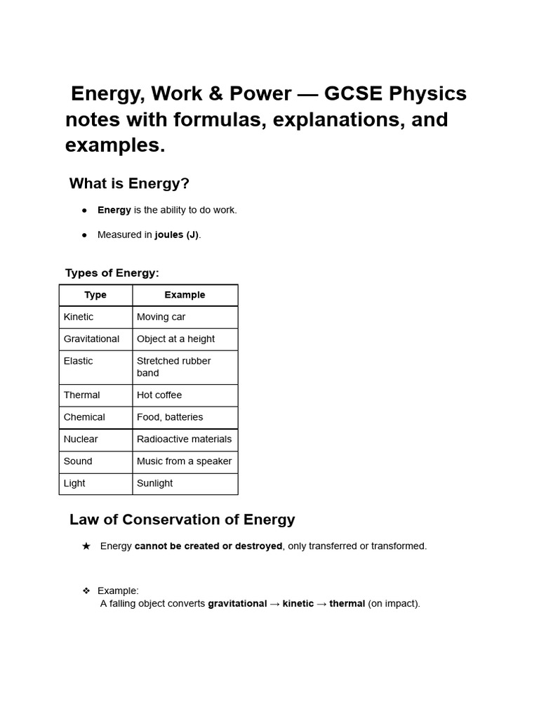 Energy, Work & Power - GCSE Physics Notes With Formulas, Explanations ...