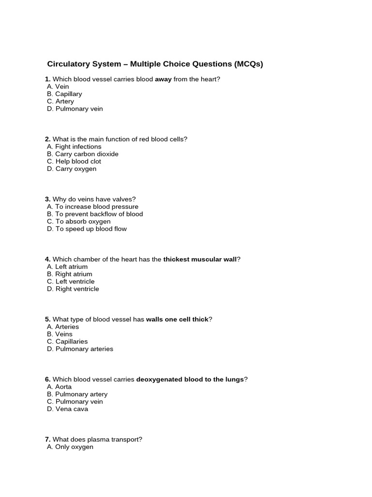 Circulatory System - Multiple Choice Questions (MCQS) | PDF