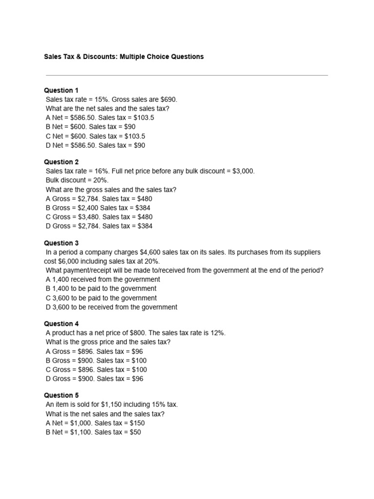 Sales Tax & Discounts - Multiple Choice Questions | PDF | Value Added ...