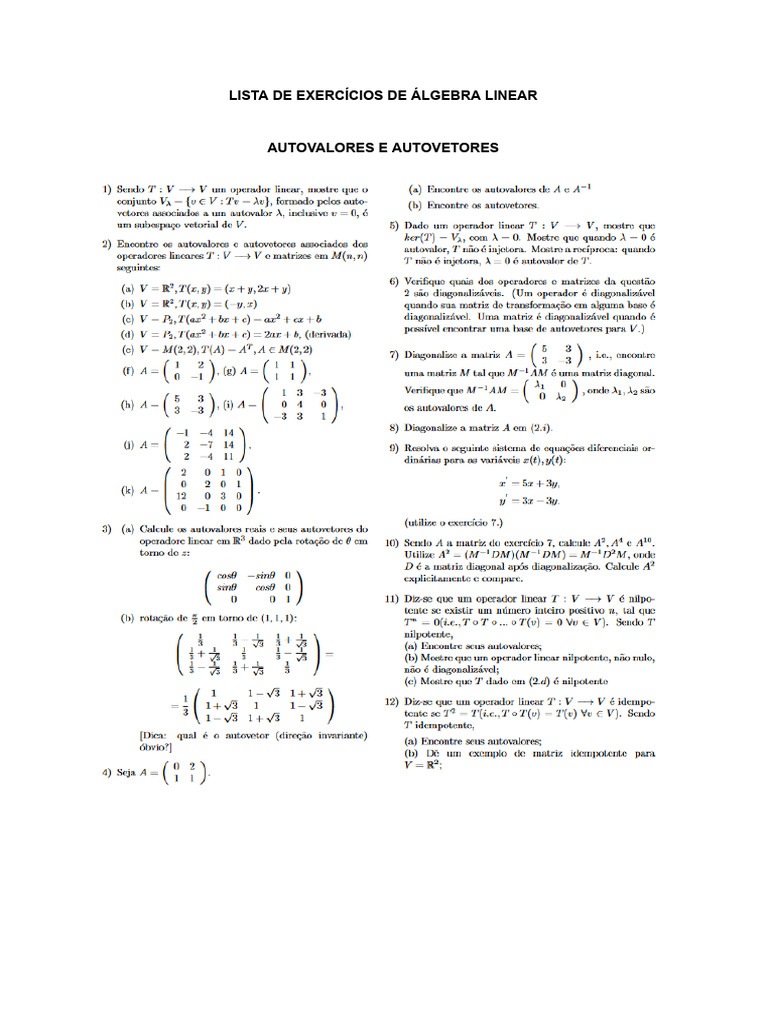 Lista de Exerccios de Lgebra Linear-Avmbvogs | PDF
