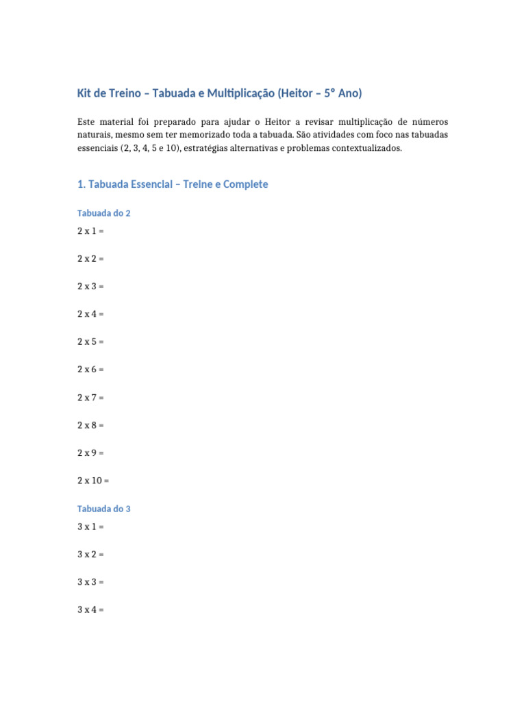 Kit Treinamento Tabuada Heitor | PDF