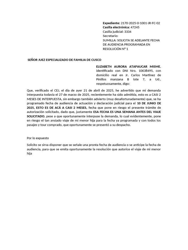 Solicitud de adelanto de audiencia judicial | PDF | Justicia | Crimen y violencia