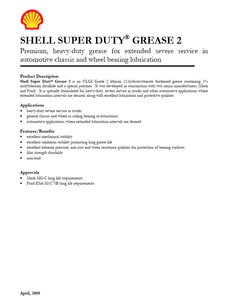 Shell Super Duty Grease 2 Overview | PDF | Materials | Mechanical ...