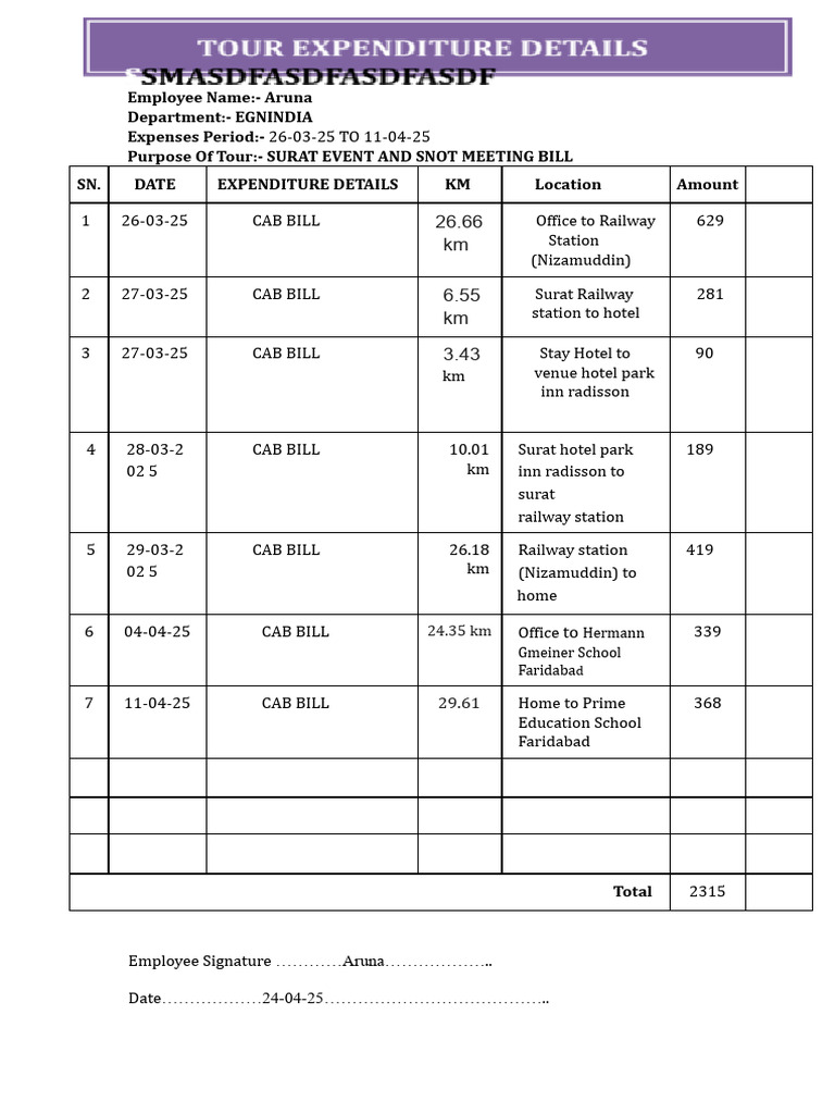 Tour Expenditure Sheet | PDF