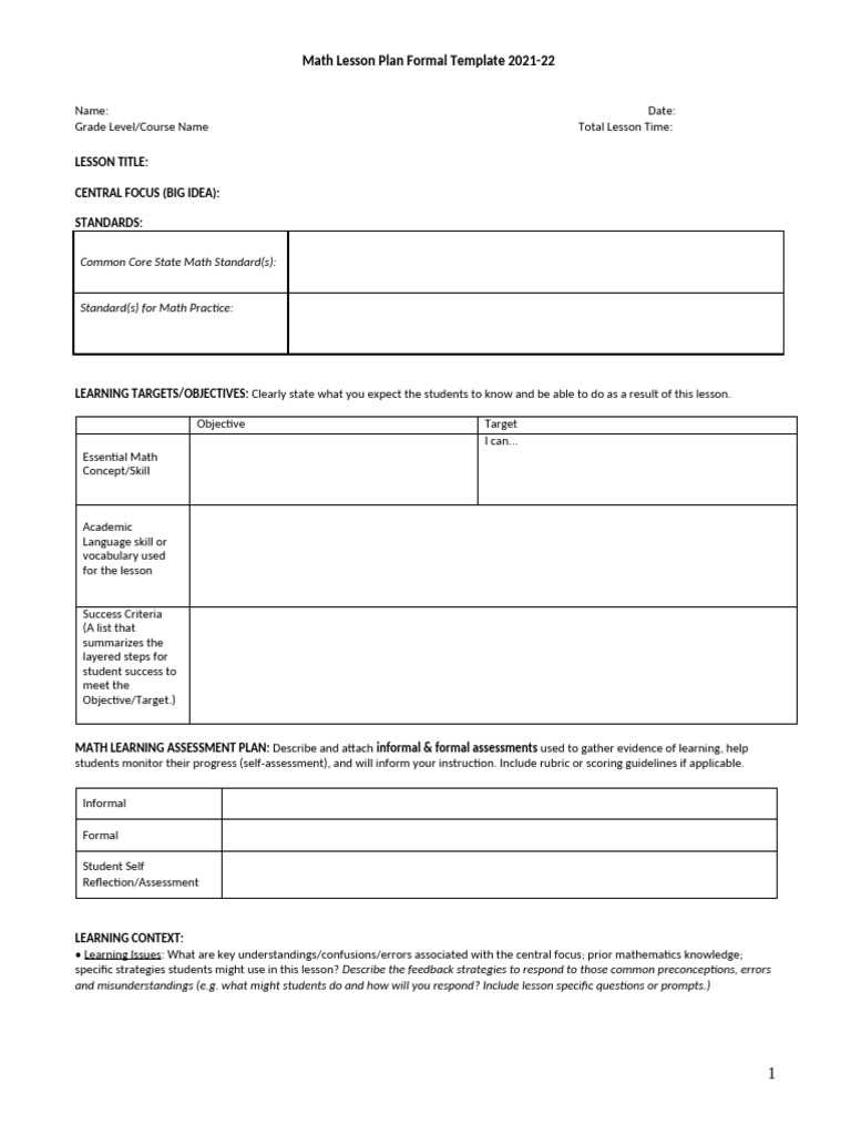 Math Formal Lesson Plan Template | PDF | Lesson Plan | Learning