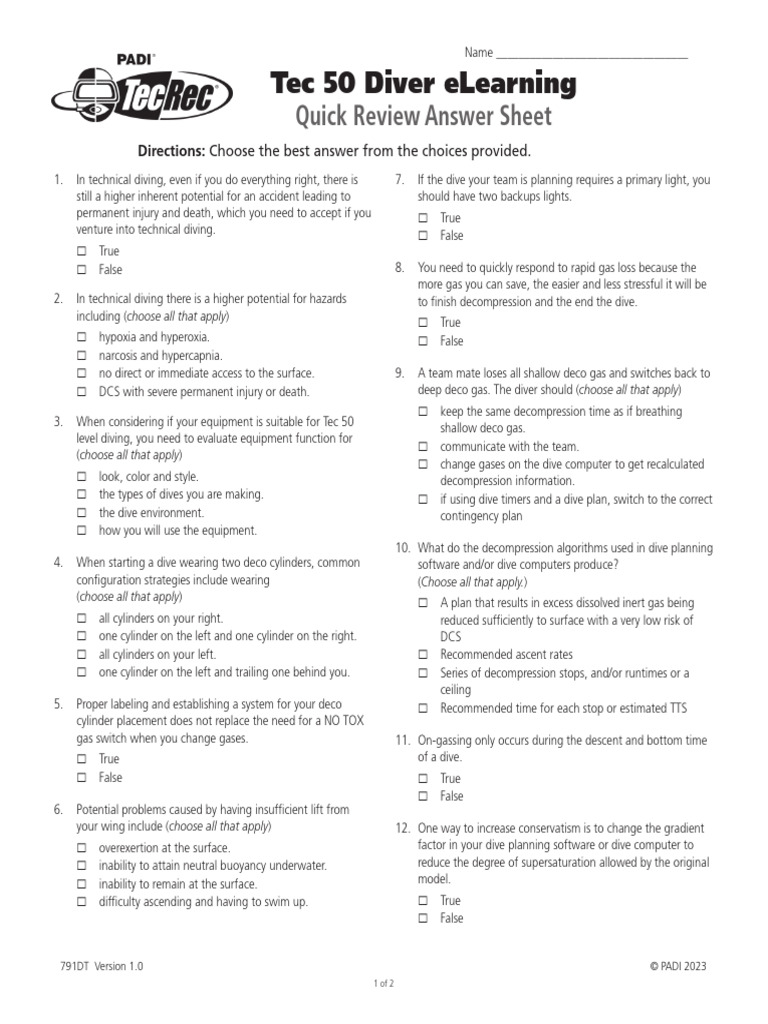 Tec 50 Diver Quick Review Guide | PDF | Scuba Diving | Underwater Diving