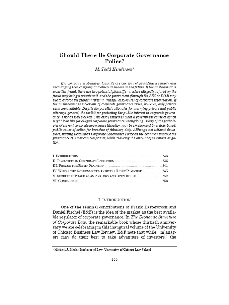 Should There Be Corporate Governance Police | PDF | Lawsuit | Corporate ...