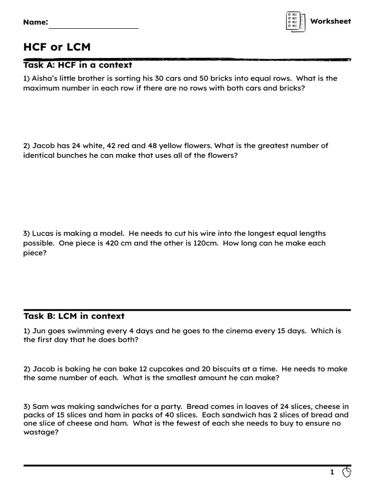 Worksheet Questions For HCF and LCM Grade 6 | PDF | Cuisine | Foods