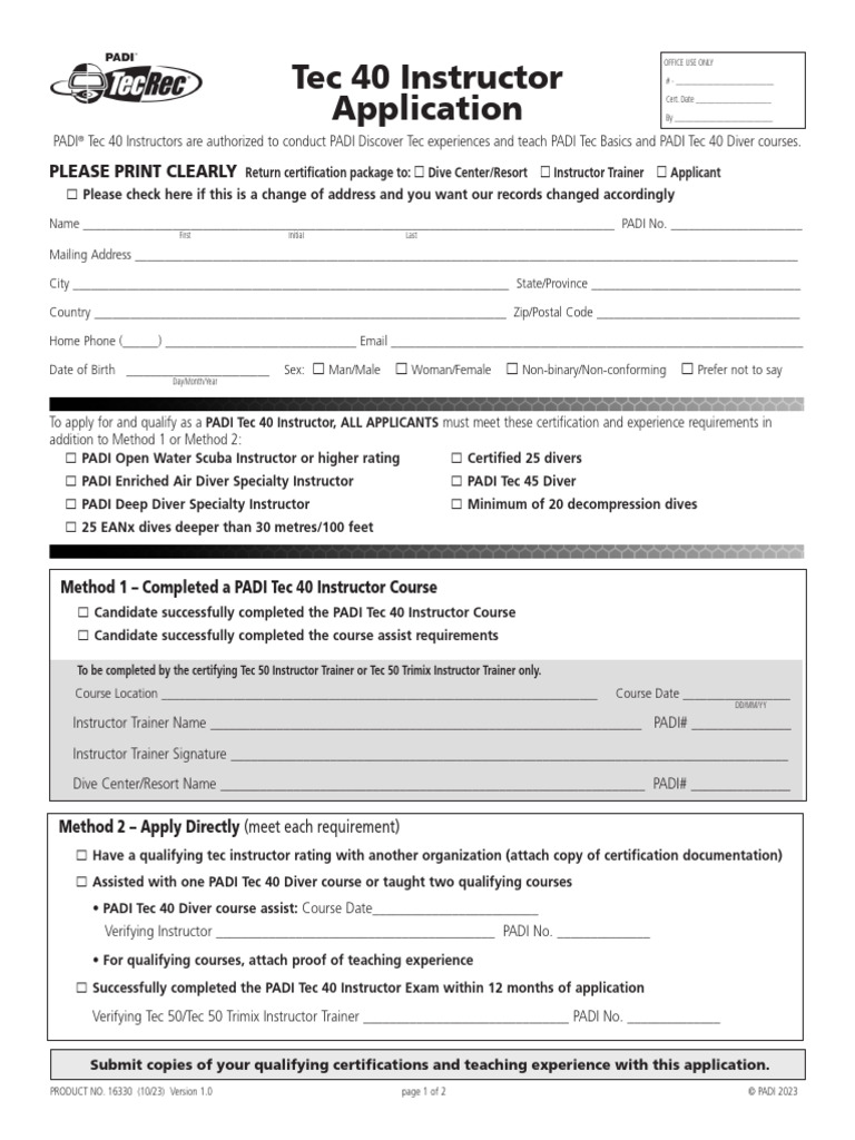 Tec 40 Instructor Application | PDF | Scuba Diving | Underwater Diving