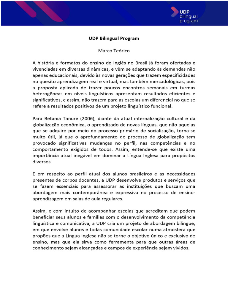UDP BILINGUAL PROGRAM - Marco Teórico e Identidade Da Metodologia | PDF | Aprendizado | Pedagogia