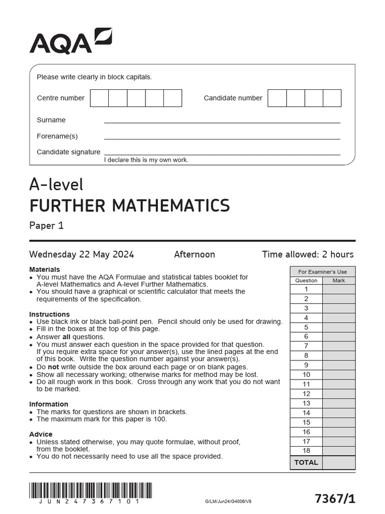 2024 a Level Further Maths Paper 1 7367 1 | PDF | Mathematical Concepts ...