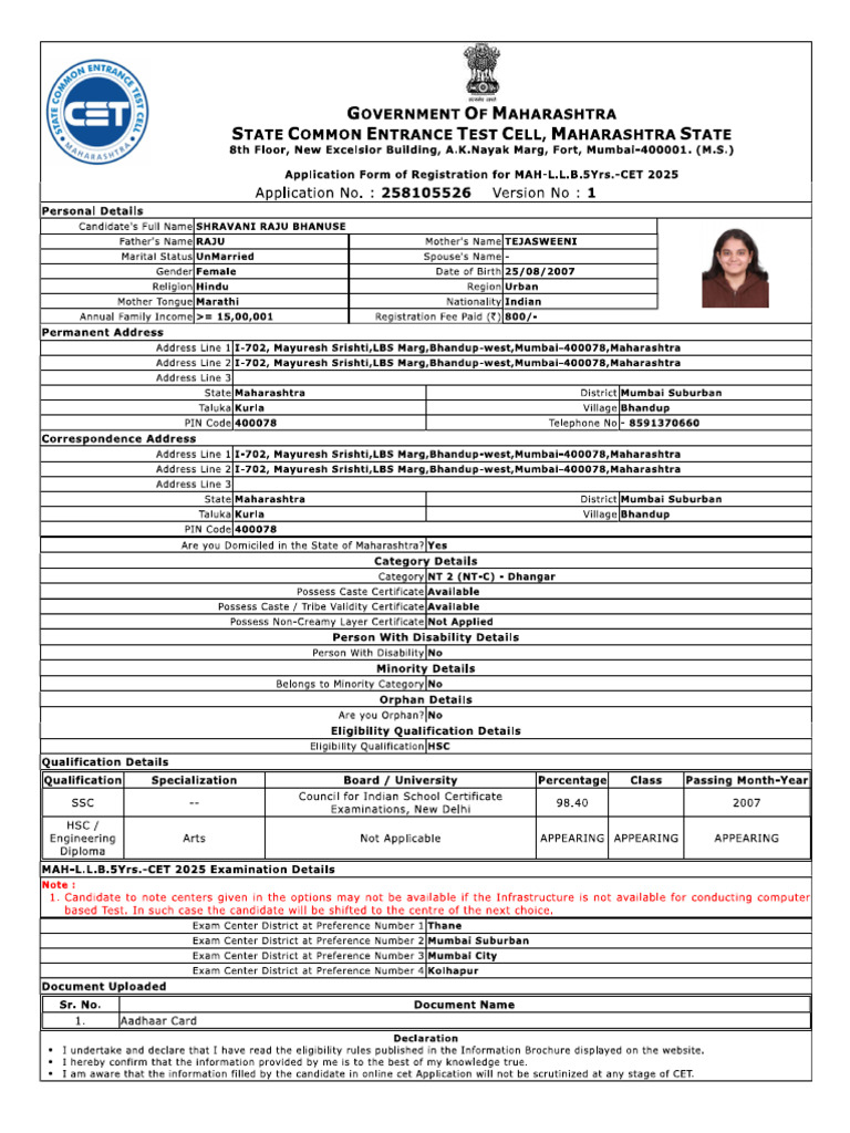 Mahcet LLB Application Form | PDF