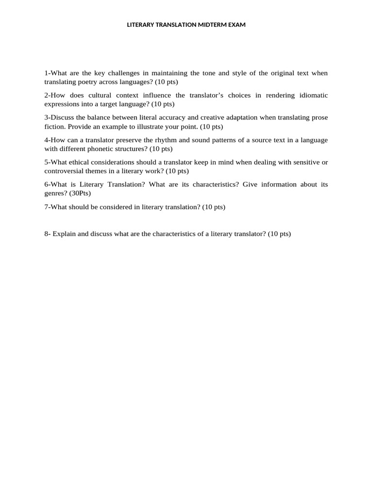 Literary Translation Midterm Exam | PDF