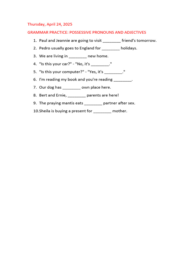 Possessive Pronouns and Adjectives Practice | PDF