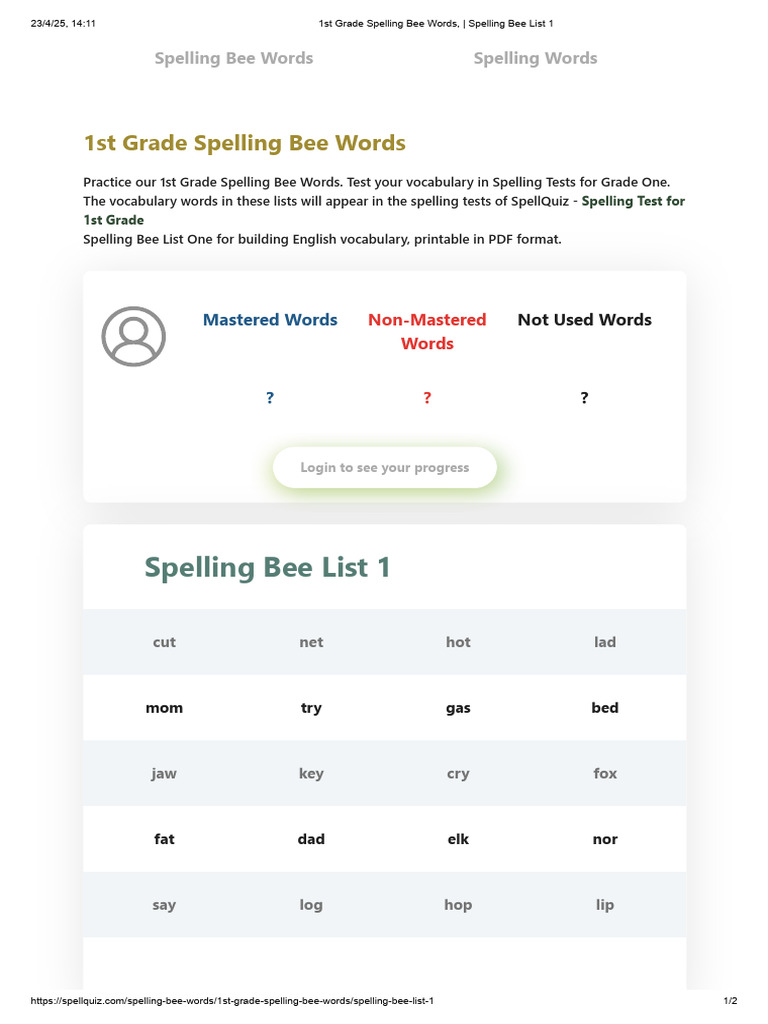 1st Grade Spelling Bee Word List | PDF