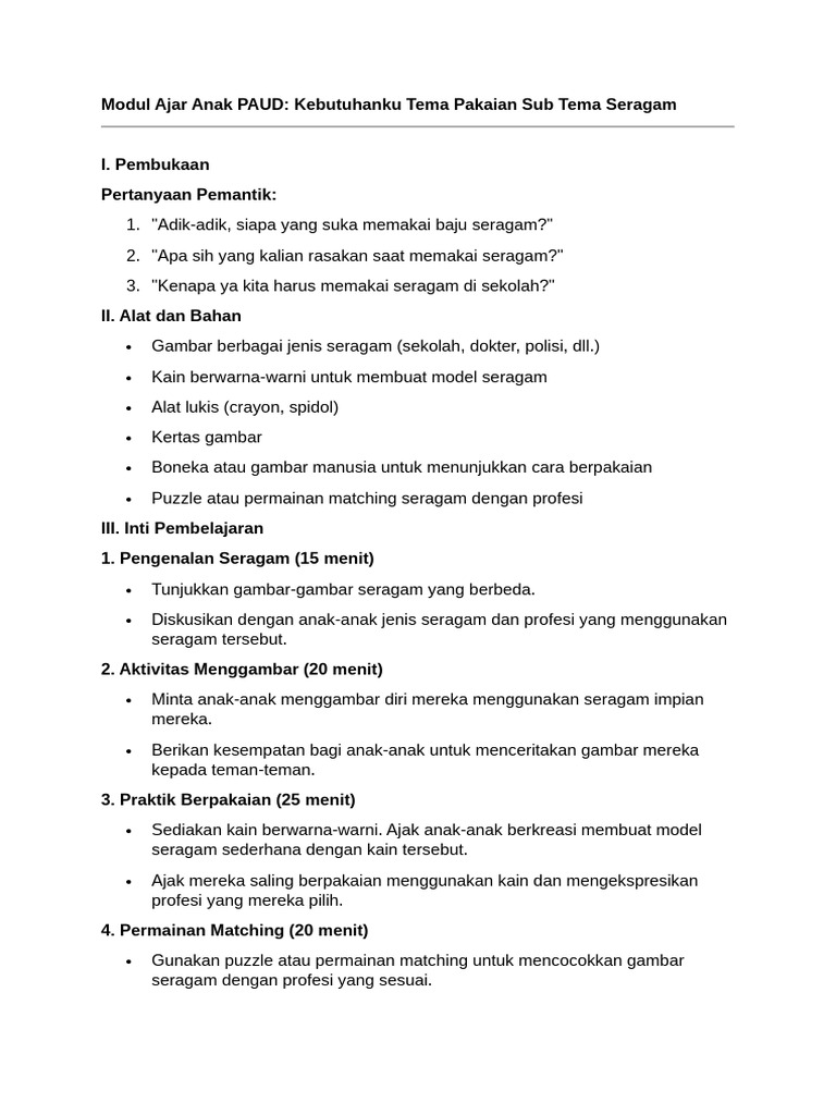 Modul Ajar PAUD: Tema Pakaian Anak | PDF